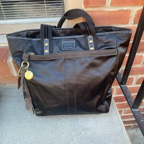 Coach | Bags | Coach Deep Brown Satin With Leathersuede Trim Tote ...